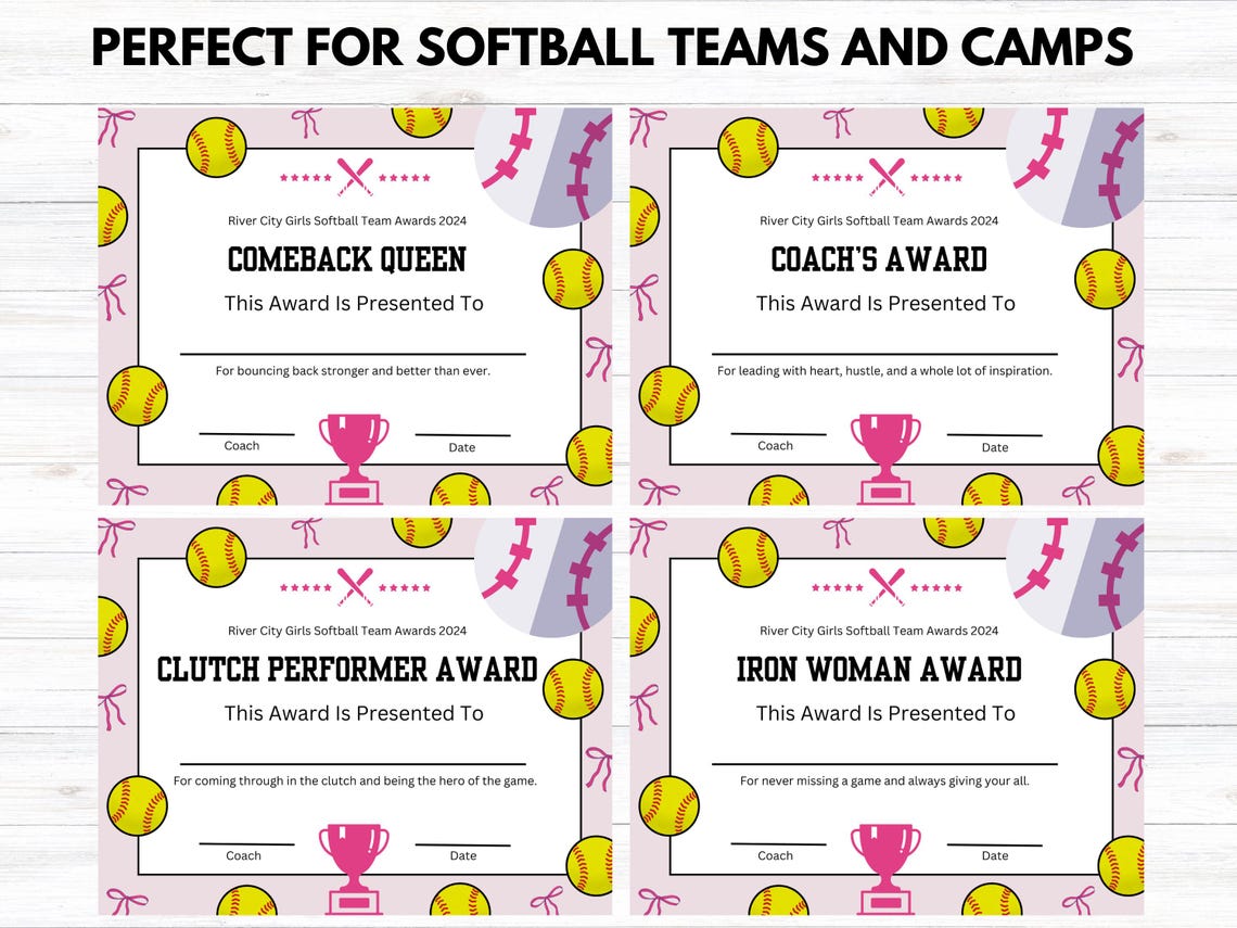 50 Editable Softball Awards Certificates, End of Season Softball ...