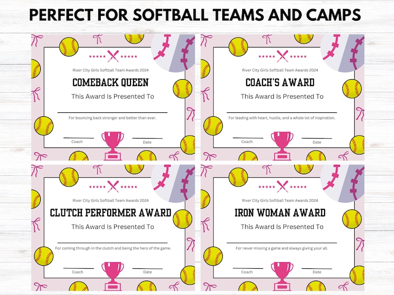 50 Editable Softball Awards Certificates, End of Season Softball ...