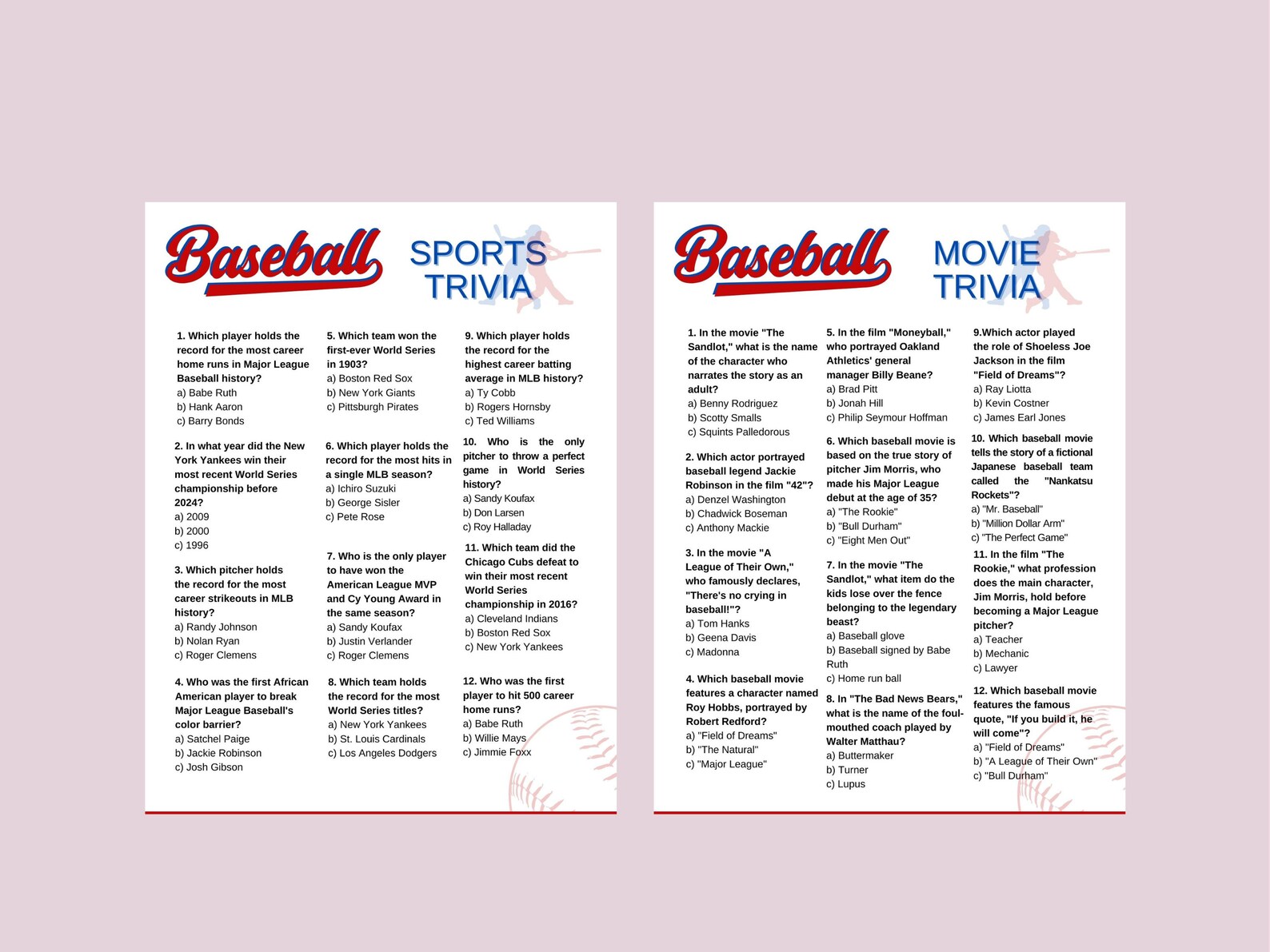 6 Baseball Party Games Bundle, Printable Baseball Team Activity ...