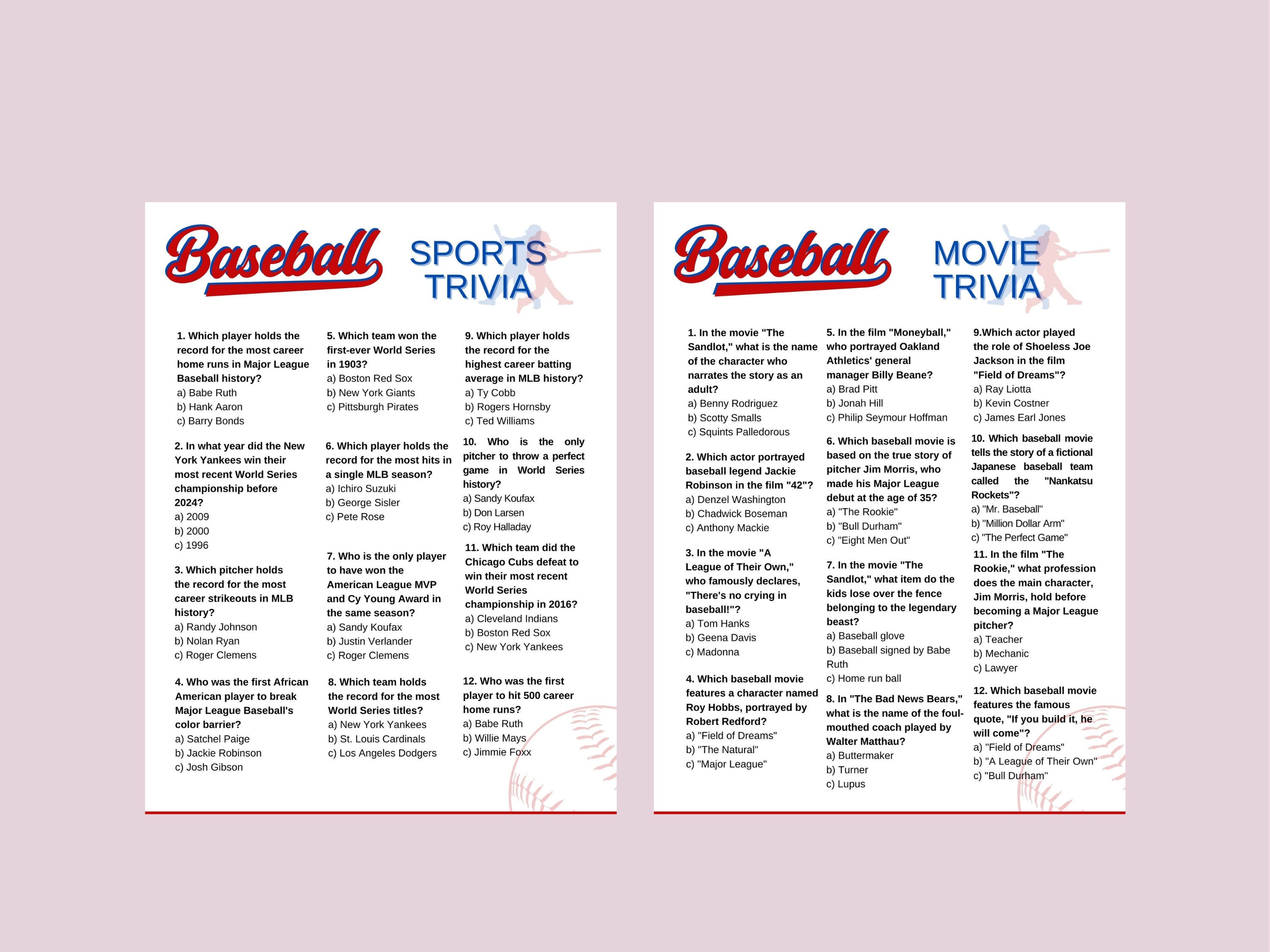 6 Baseball Party Games Bundle, Printable Baseball Team Activity ...