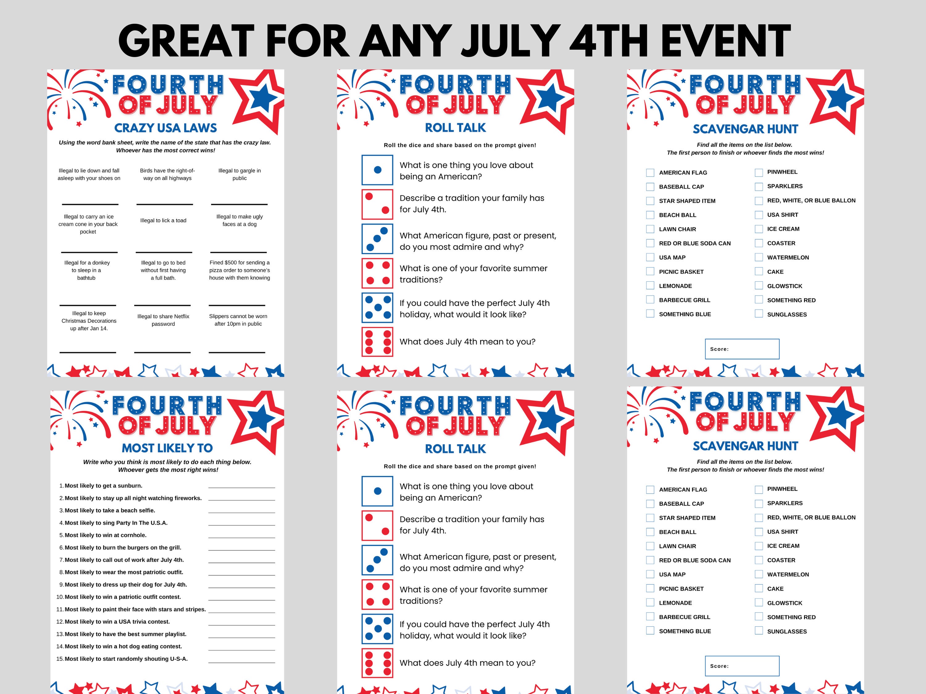 July 4th Party Games Bundle, Printable 4th of July Activity, July 4th ...