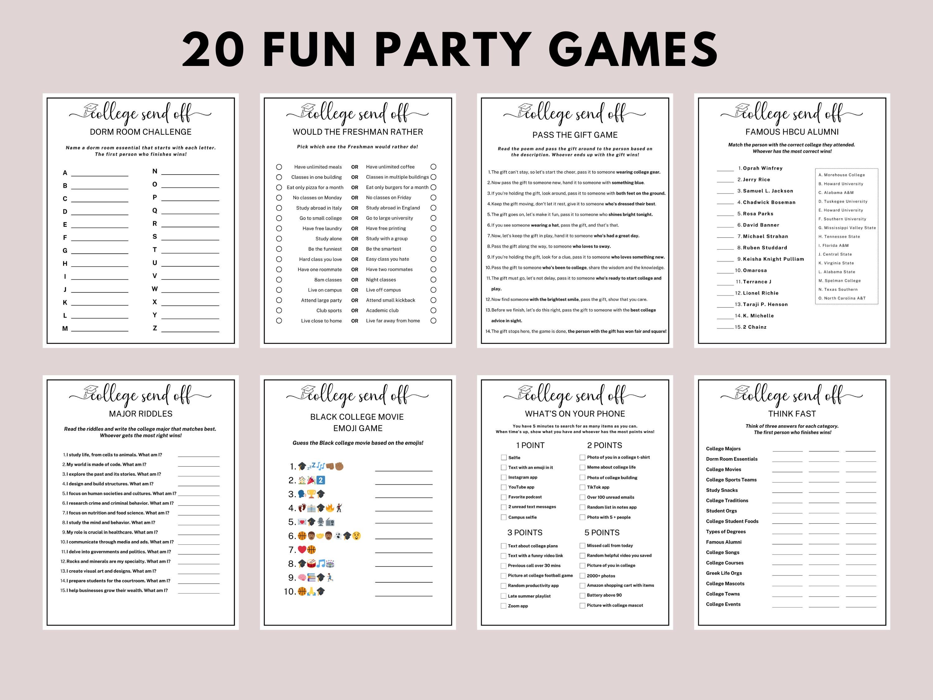20 HBCU College Trunk Party Games, Game Bundle, Going Away College Sign ...