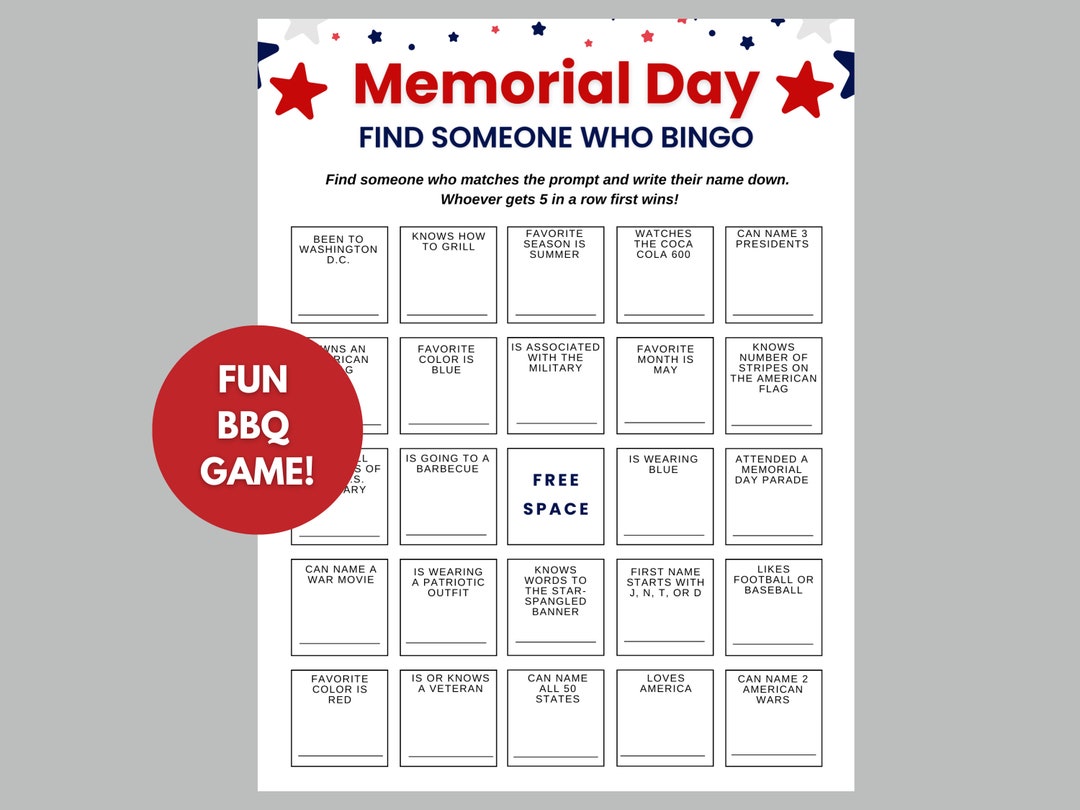 Memorial Day Find Someone Who, Memorial Day Party Games, BBQ Cookout ...