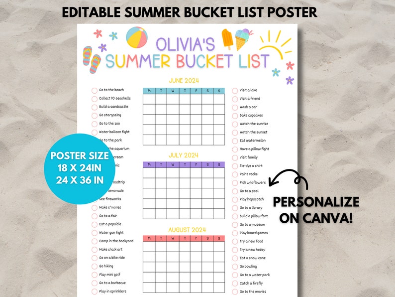 Personalized Summer Bucket List Poster, Editable Template, Kids Summer ...