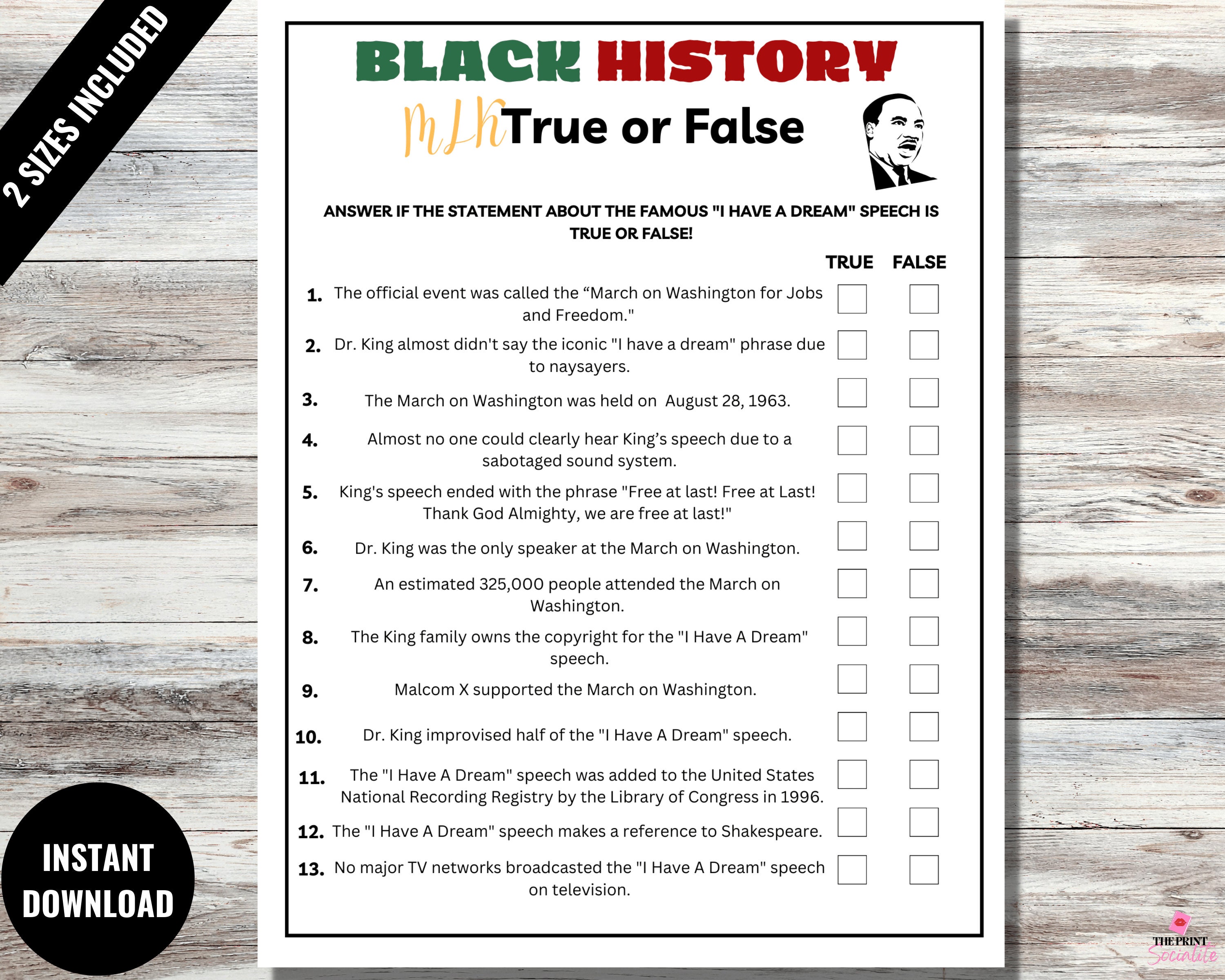 MLK True or False Activity, Black History Trivia, Black History Month ...