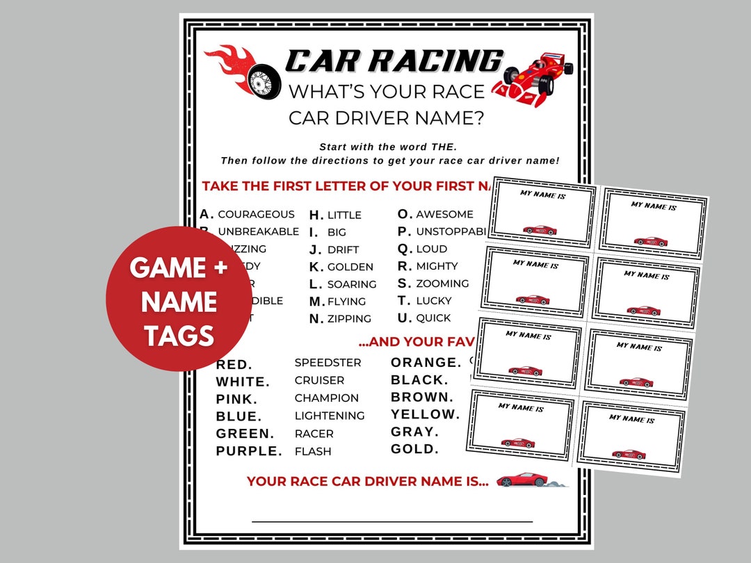 What's Your Race Car Driver Name Party Game, Race Car Name Tags ...