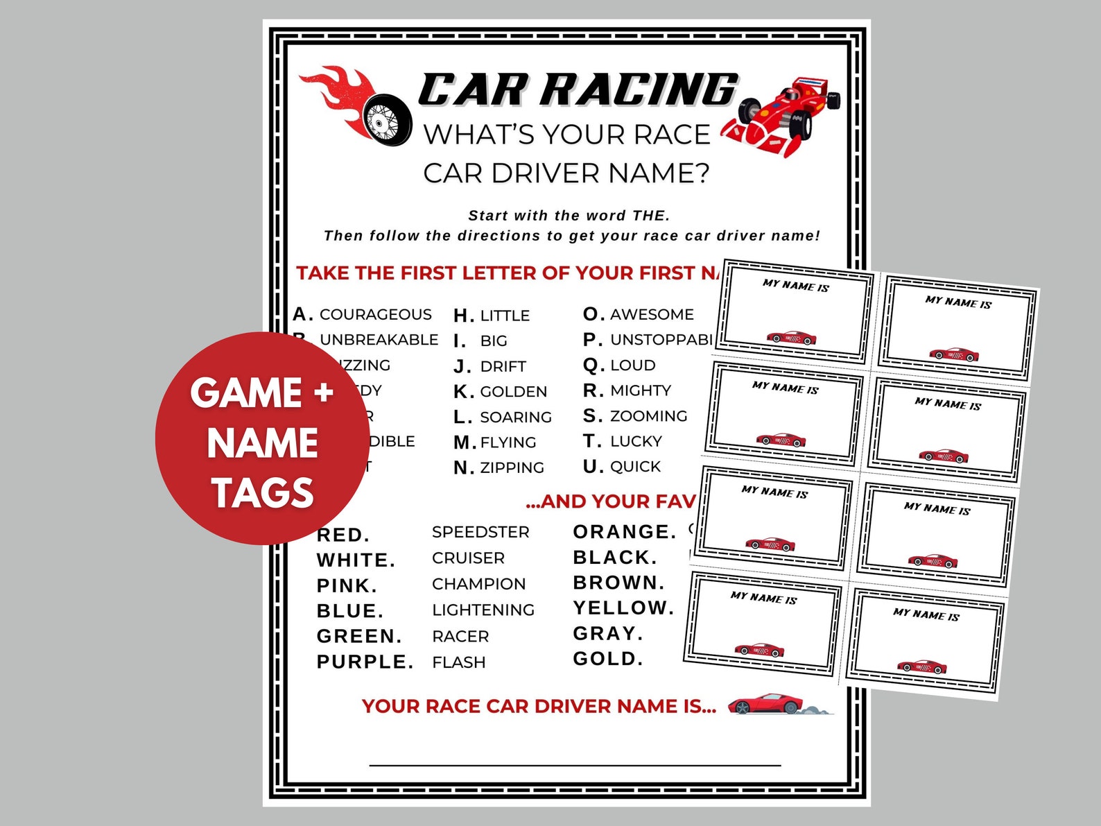What's Your Race Car Driver Name Party Game, Race Car Name Tags ...