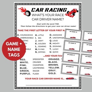 What's Your Race Car Driver Name Party Game, Race Car Name Tags ...