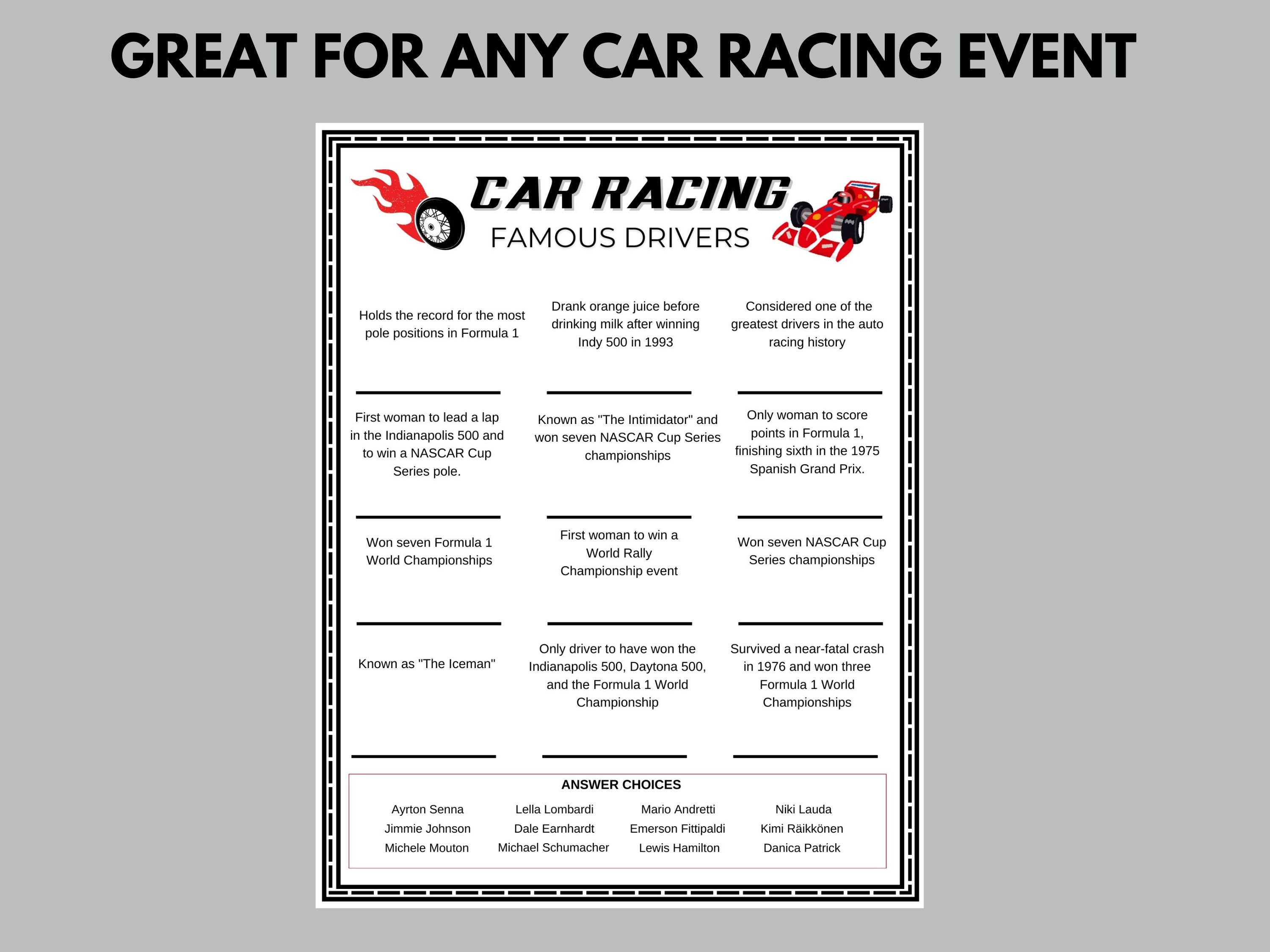 Famous Race Car Drivers Party Game, Car Racing Trivia, Motorsports ...