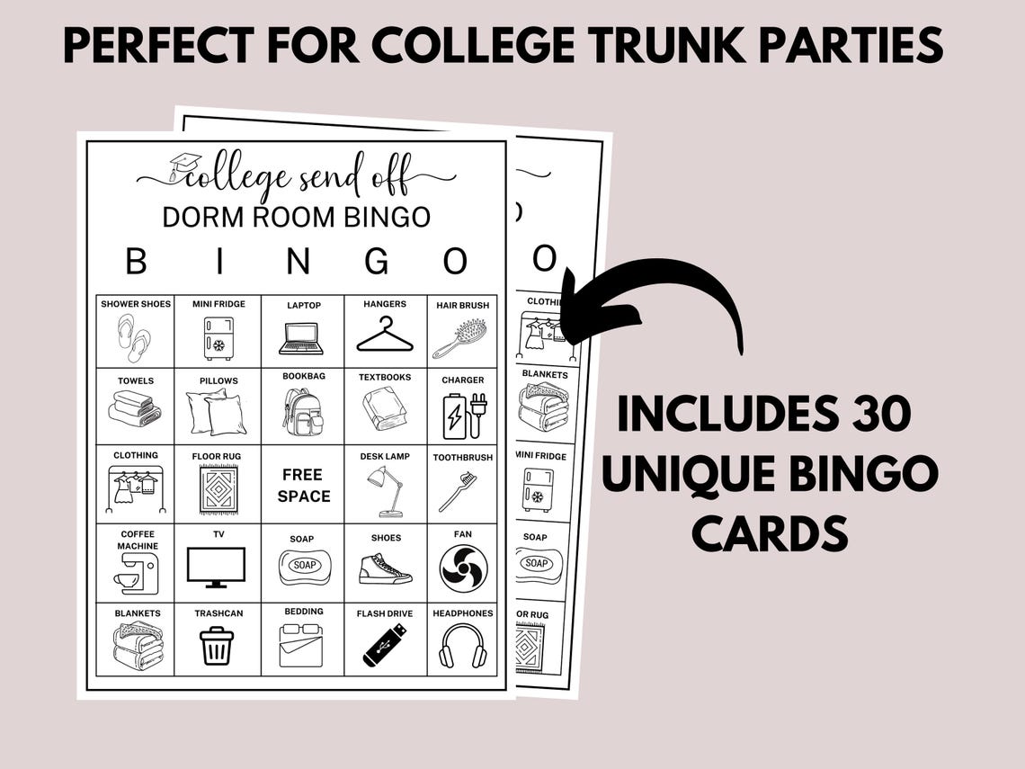 College Trunk Party Bingo, Going Away College Bingo, College Going Away ...