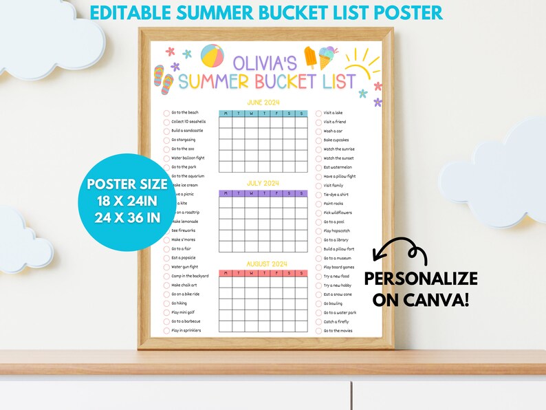 Personalized Summer Bucket List Poster, Editable Template, Kids Summer ...