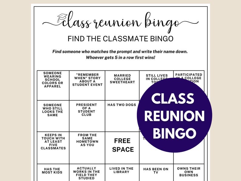 Class Reunion Bingo, Class Reunion Games, Class Reunion Icebreaker ...