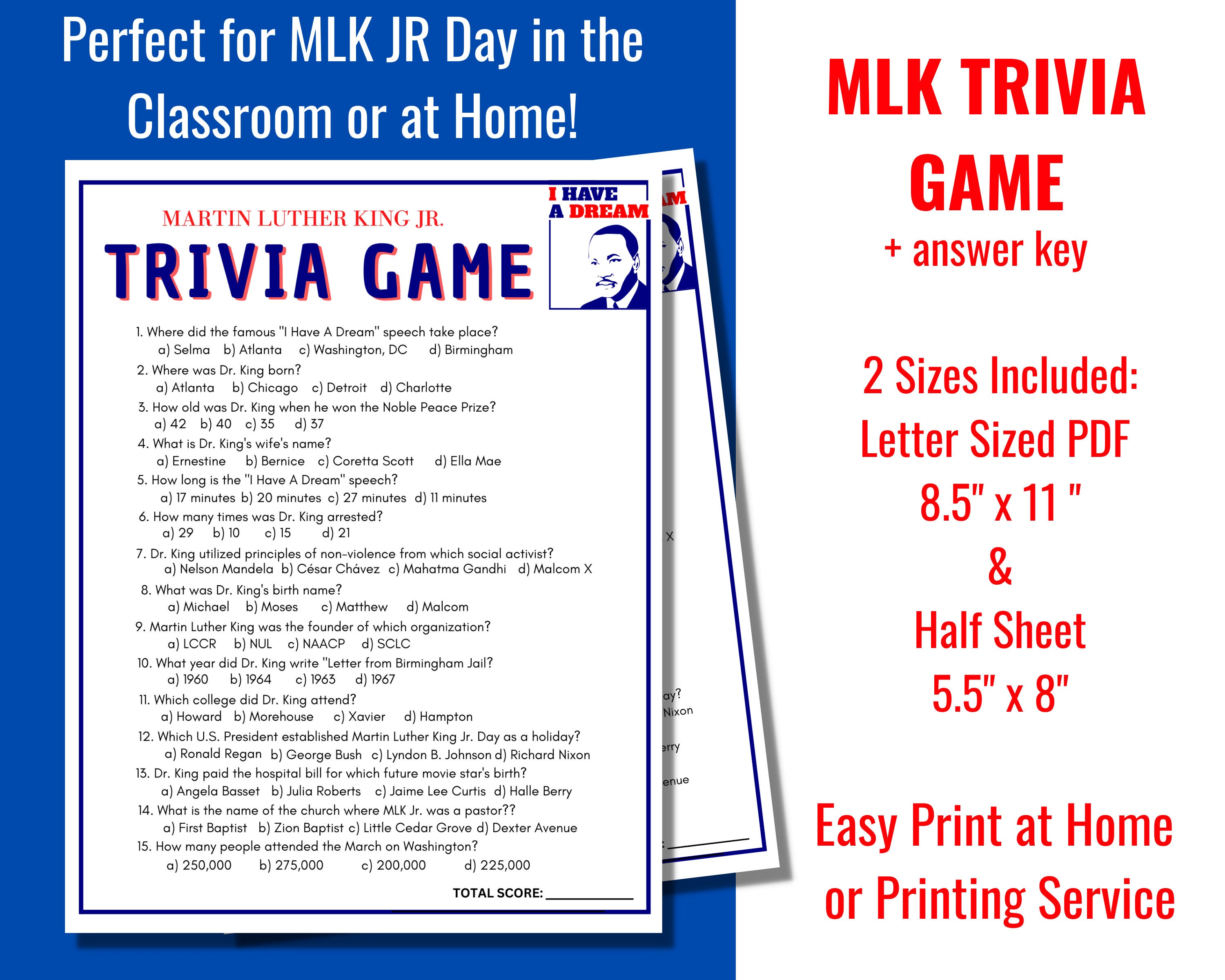 MLK Trivia, Martin Luther King Jr Trivia, Printable Game, Classroom ...