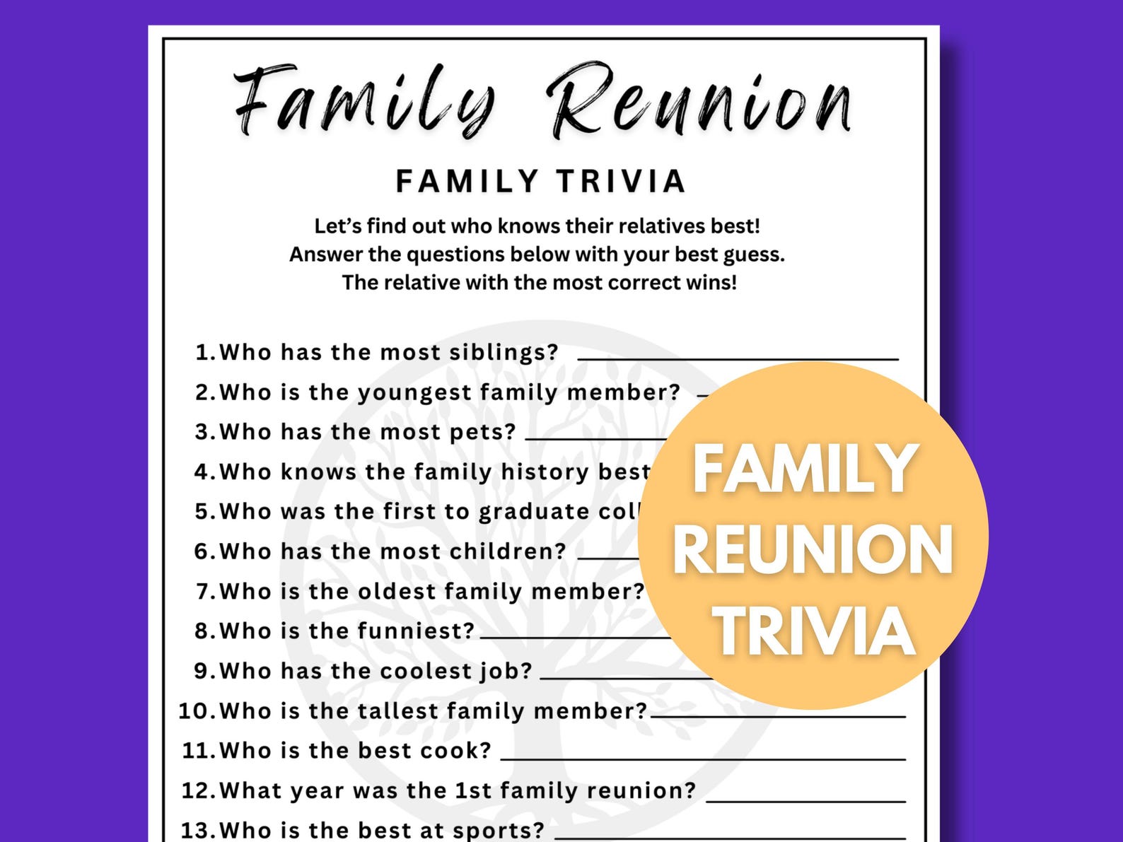 Family Reunion Trivia, Family Reunion Trivia Game, Family Reunion Party ...