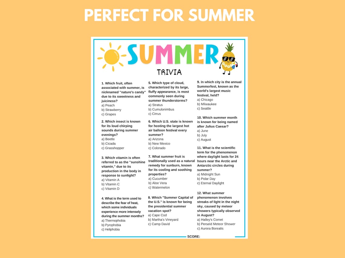 Summer Trivia, Summer Trivia Quiz, Printable Summer Games, Summer Party ...