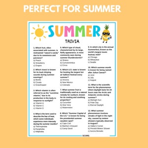 Summer Trivia, Summer Trivia Quiz, Printable Summer Games, Summer Party ...