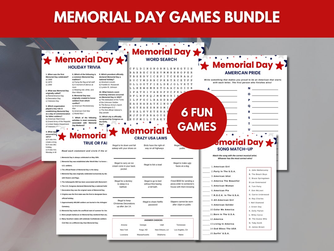 Memorial Day 6 Games Bundle, Memorial Day Trivia, BBQ Cookout Party ...
