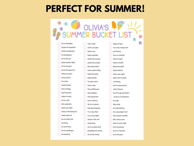 Personalized Editable Summer Bucket List Template, Kids Summer Bucket ...