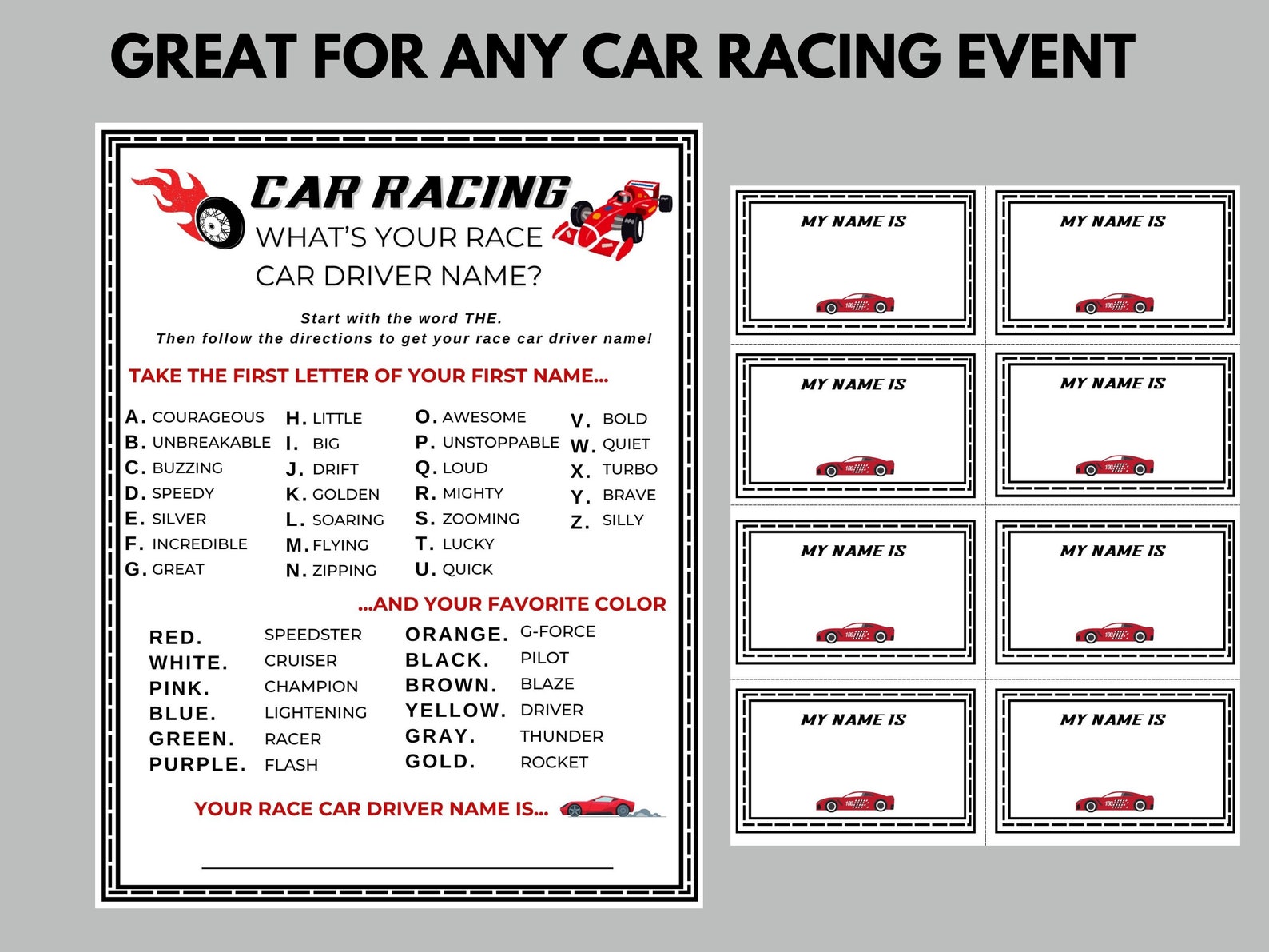 What's Your Race Car Driver Name Party Game, Race Car Name Tags ...