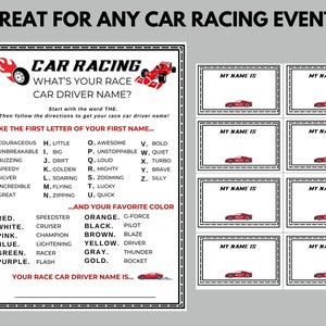 What's Your Race Car Driver Name Party Game, Race Car Name Tags ...