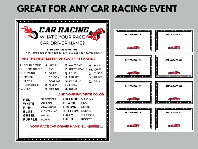 What's Your Race Car Driver Name Party Game, Race Car Name Tags ...