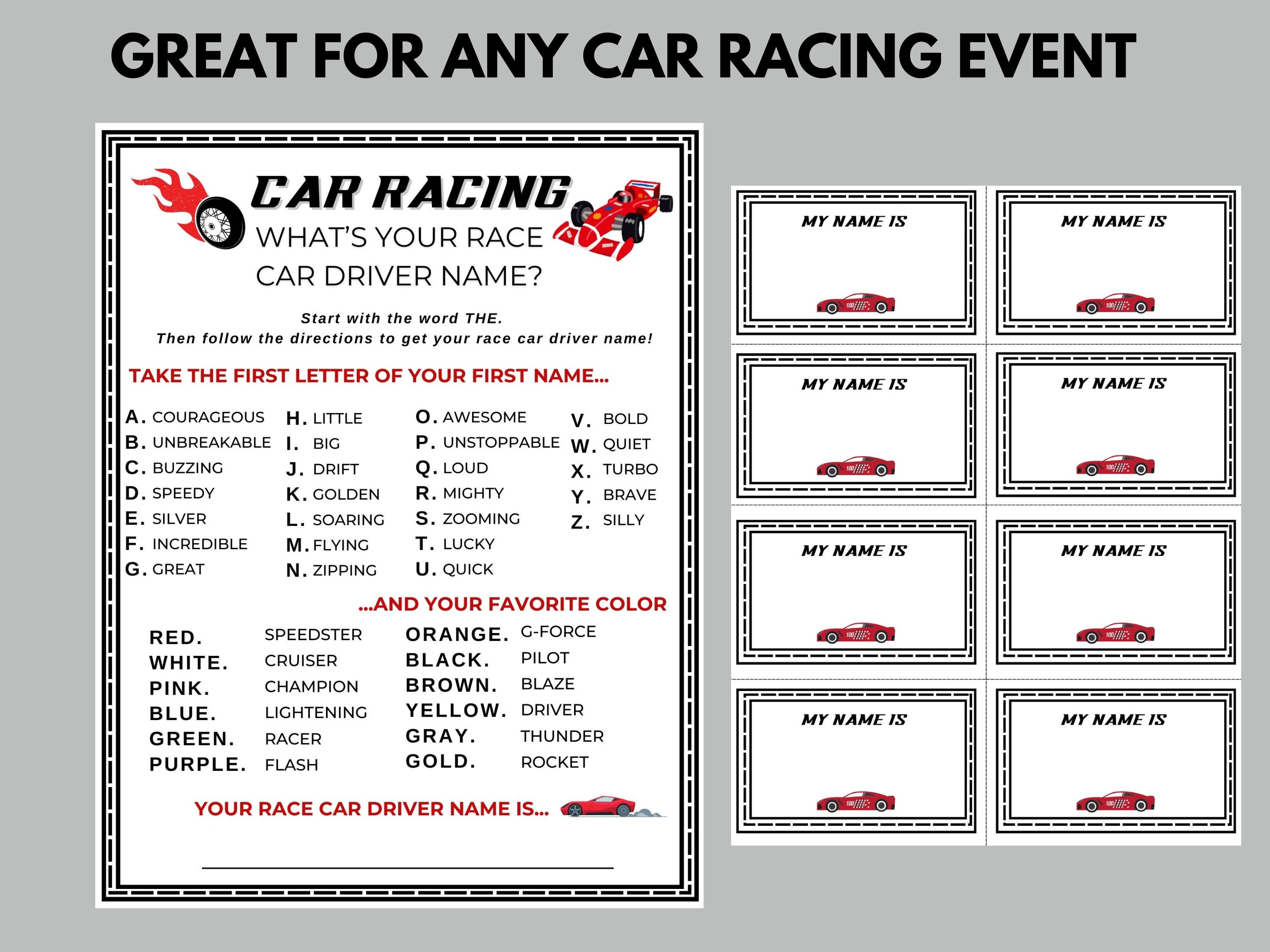What's Your Race Car Driver Name Party Game, Race Car Name Tags ...