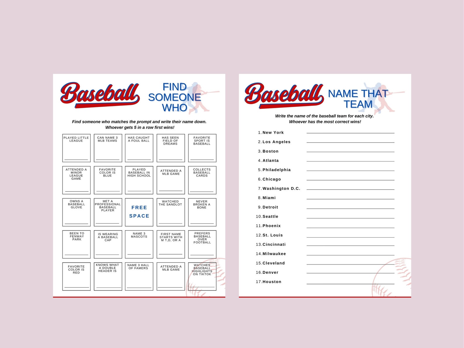 6 Baseball Party Games Bundle, Printable Baseball Team Activity ...