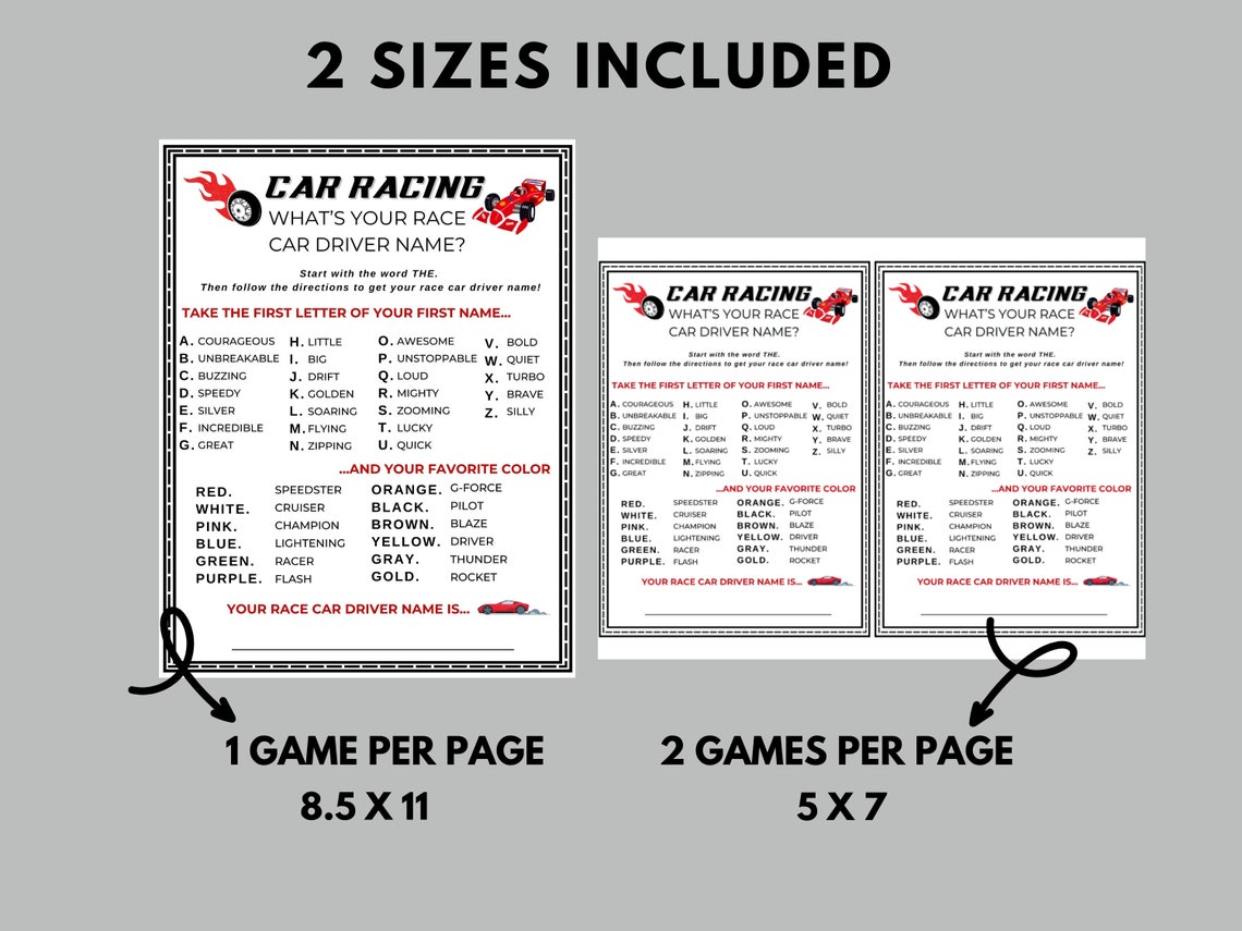 What's Your Race Car Driver Name Party Game, Race Car Name Tags ...