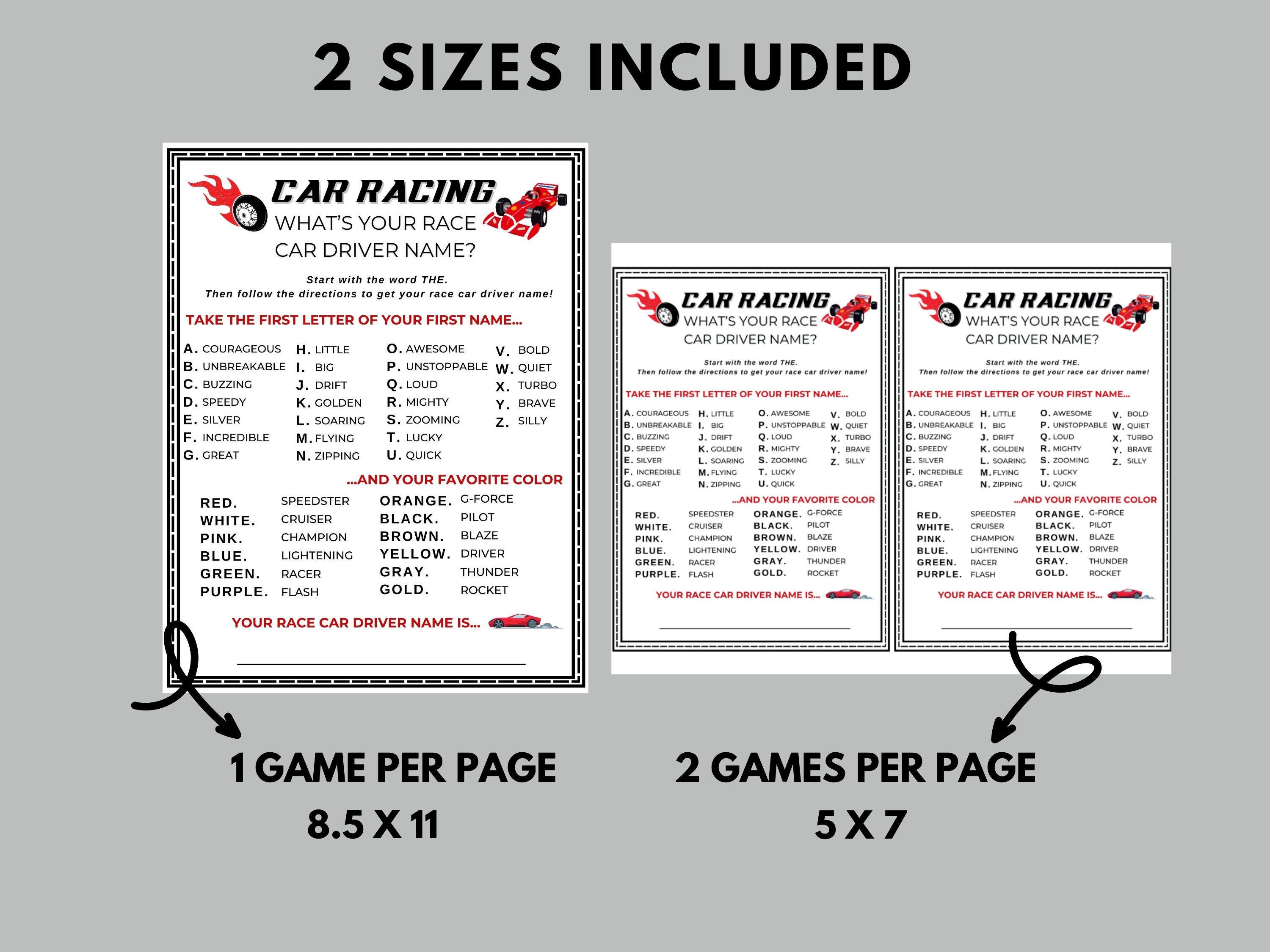 What's Your Race Car Driver Name Party Game, Race Car Name Tags ...