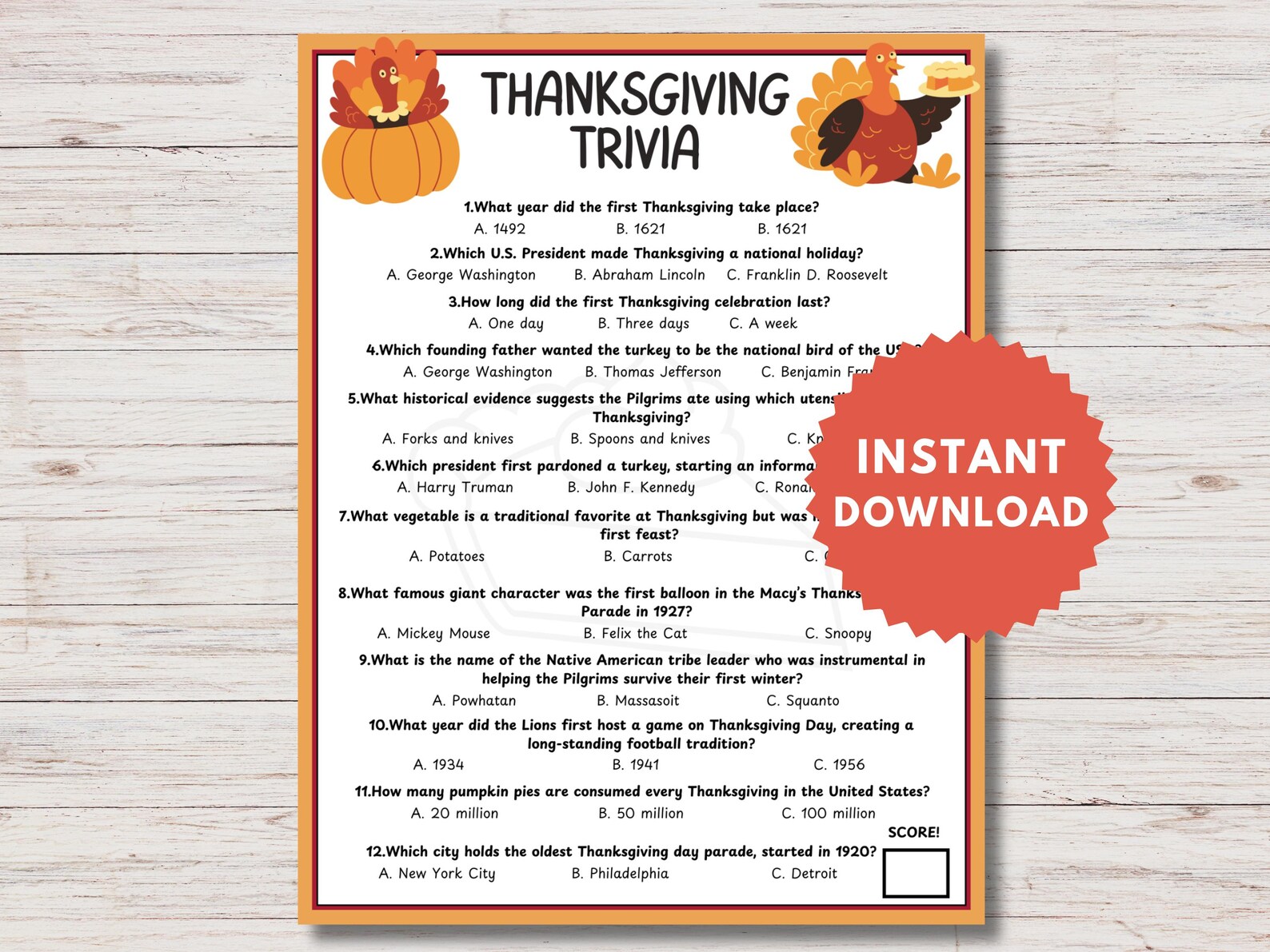 Thanksgiving Trivia, Thanksgiving Party Game, Thanksgiving Trivia for ...