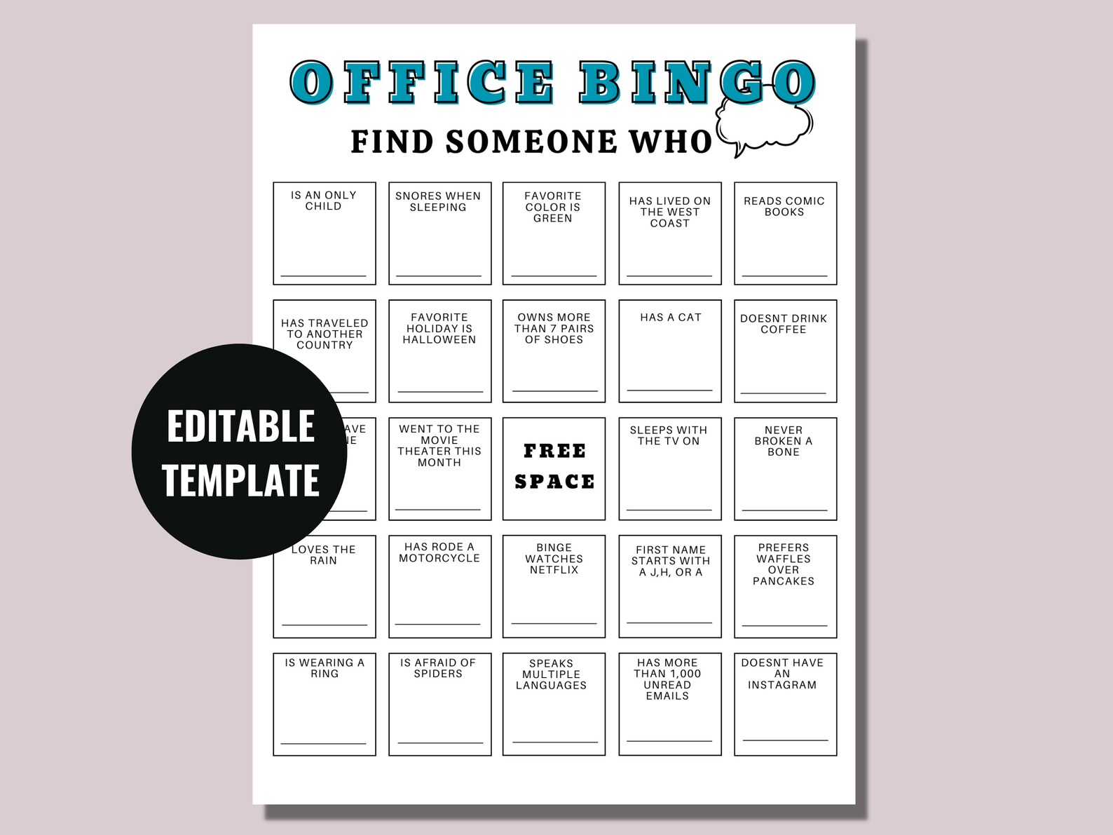 Editable Work Bingo Template, Coworker Bingo , Office Icebreaker ...