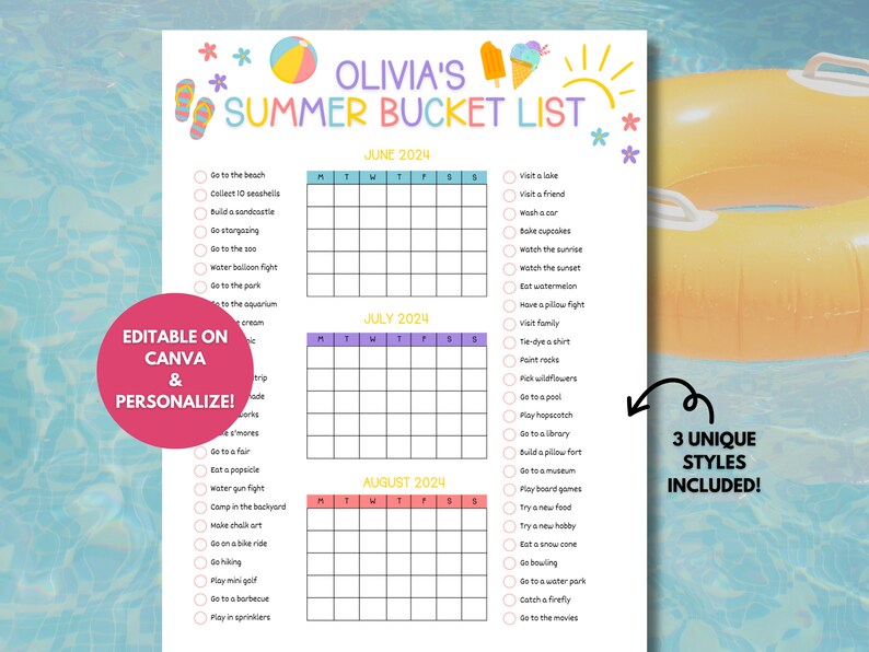 Personalized Editable Summer Bucket List Template, Kids Summer Bucket ...