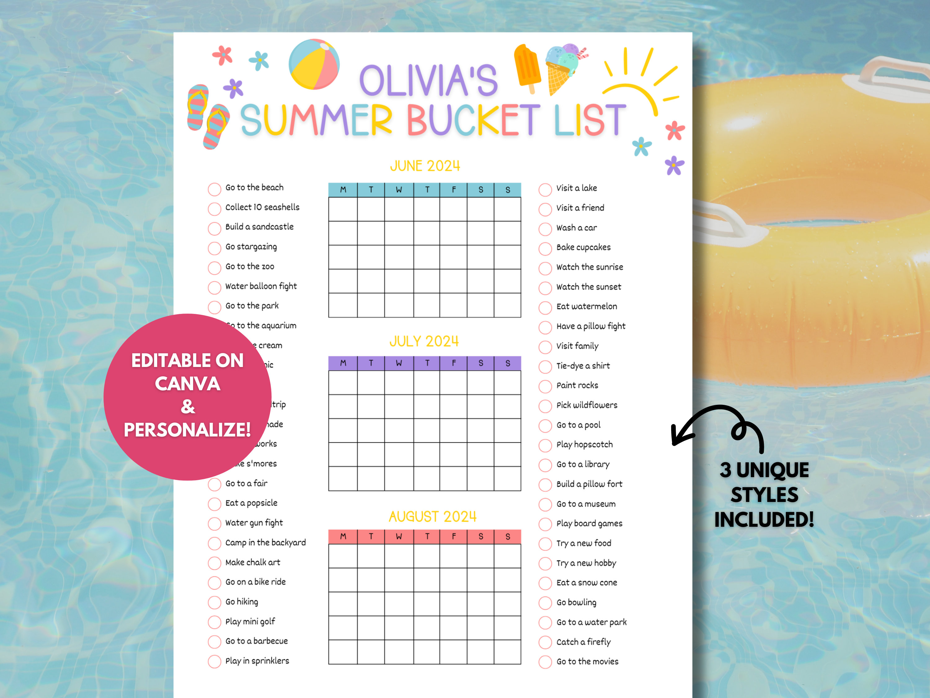 Personalized Editable Summer Bucket List Template, Kids Summer Bucket ...