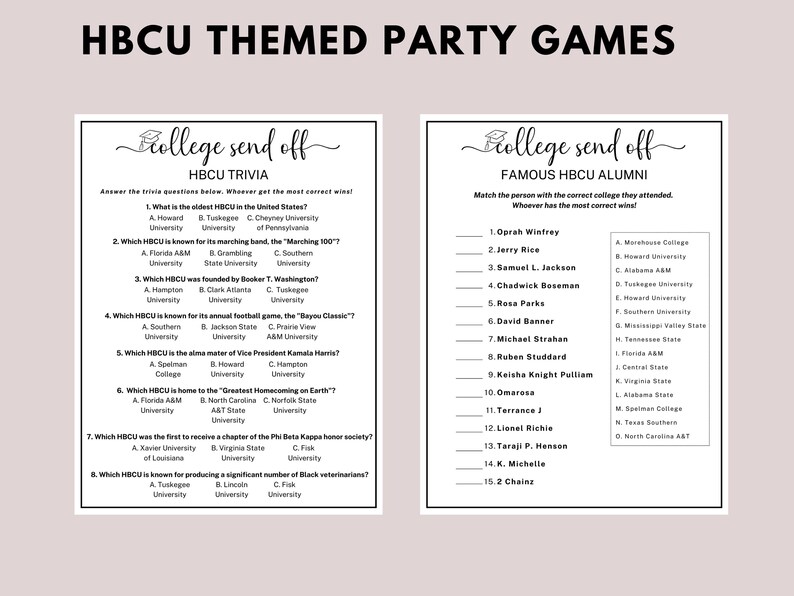 20 HBCU College Trunk Party Games, Game Bundle, Going Away College Sign ...