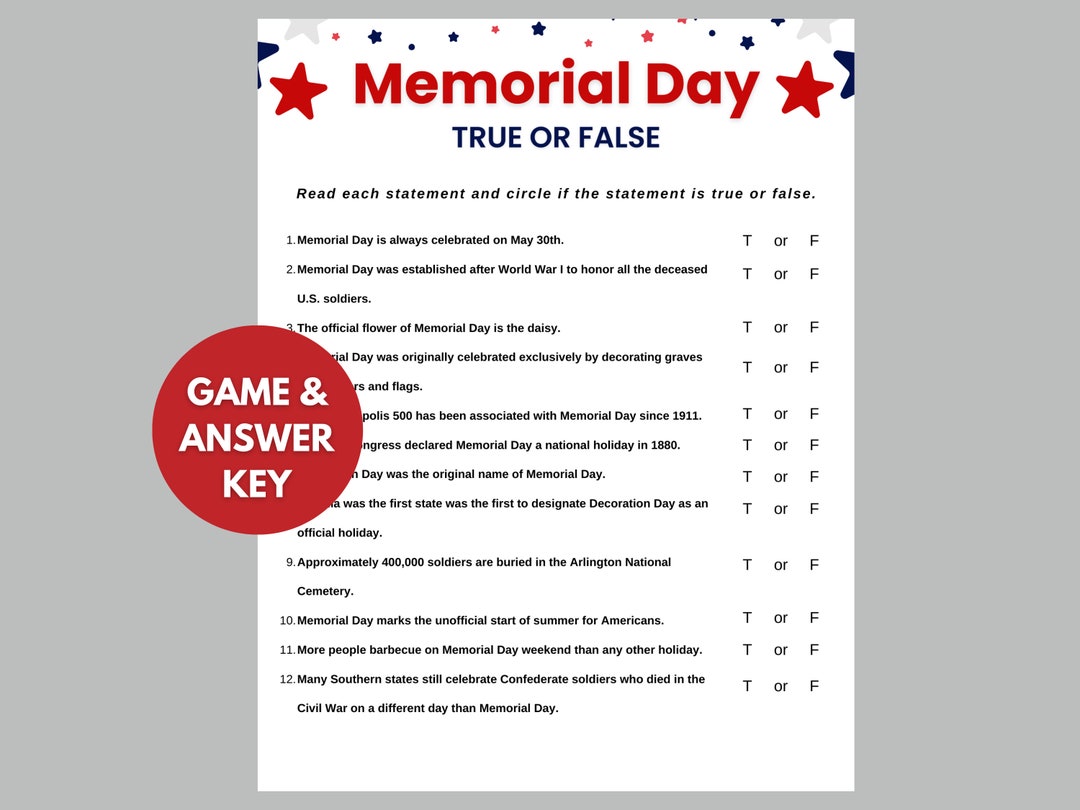 Memorial Day True or False, Memorial Day Party Games, BBQ Cookout Games ...