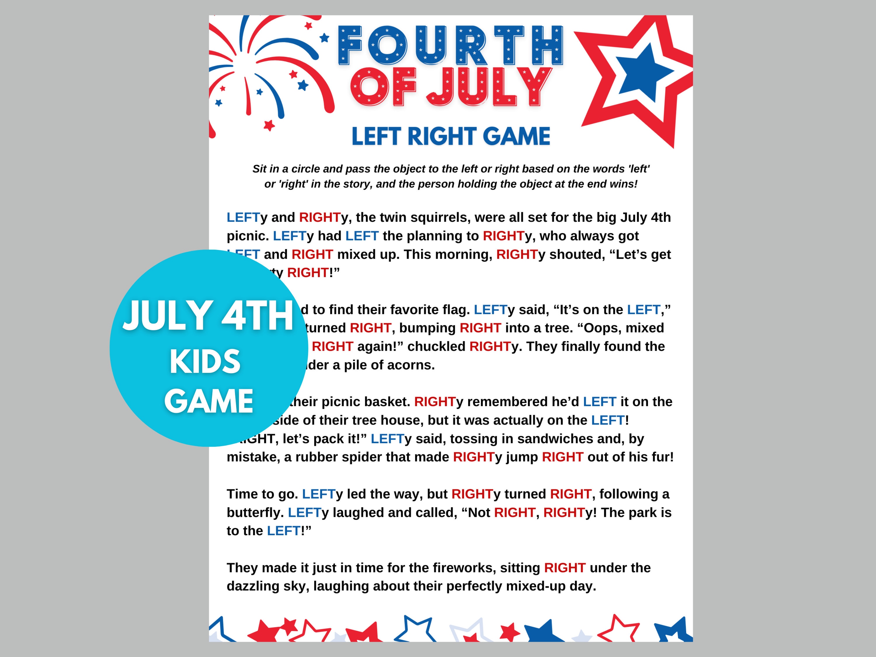 July 4th Left Right Game, July 4th Party Game, 4th of July Activities ...
