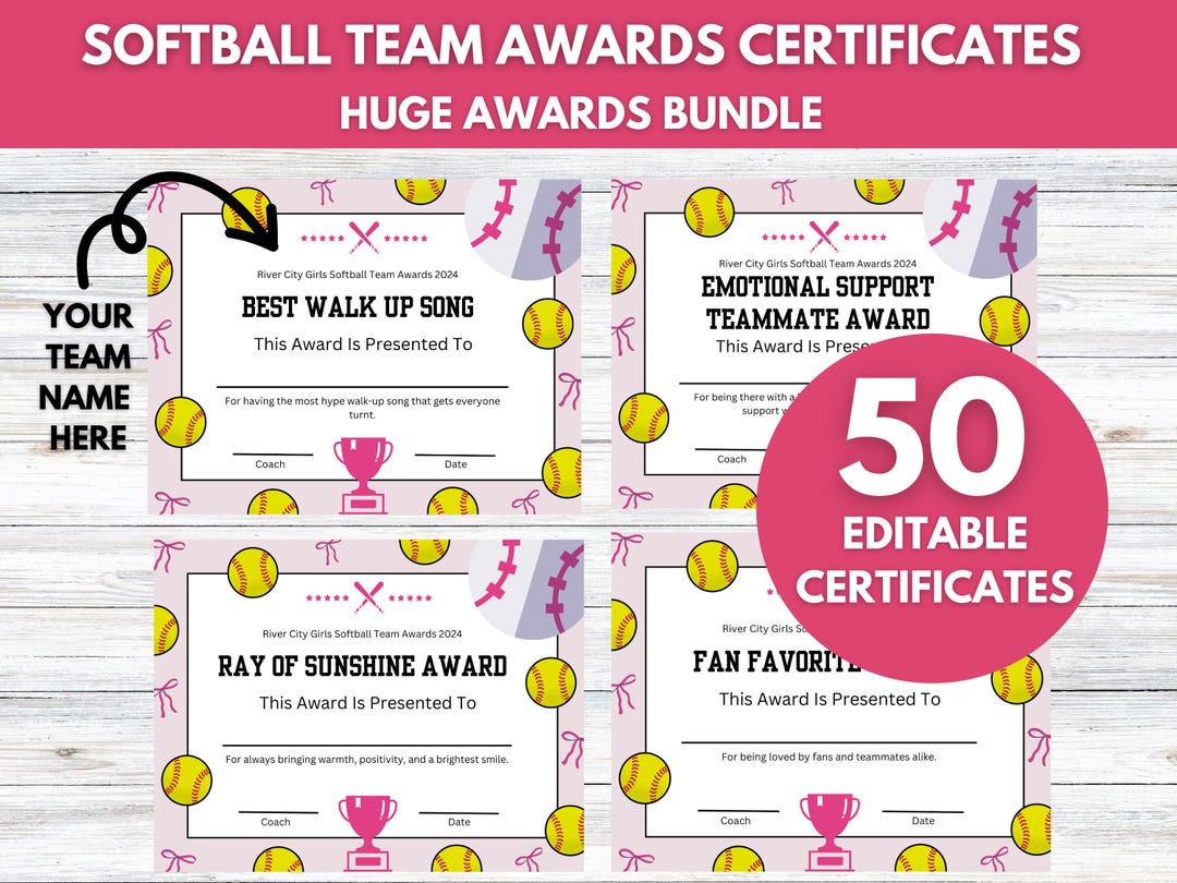 50 Editable Softball Awards Certificates, End of Season Softball ...