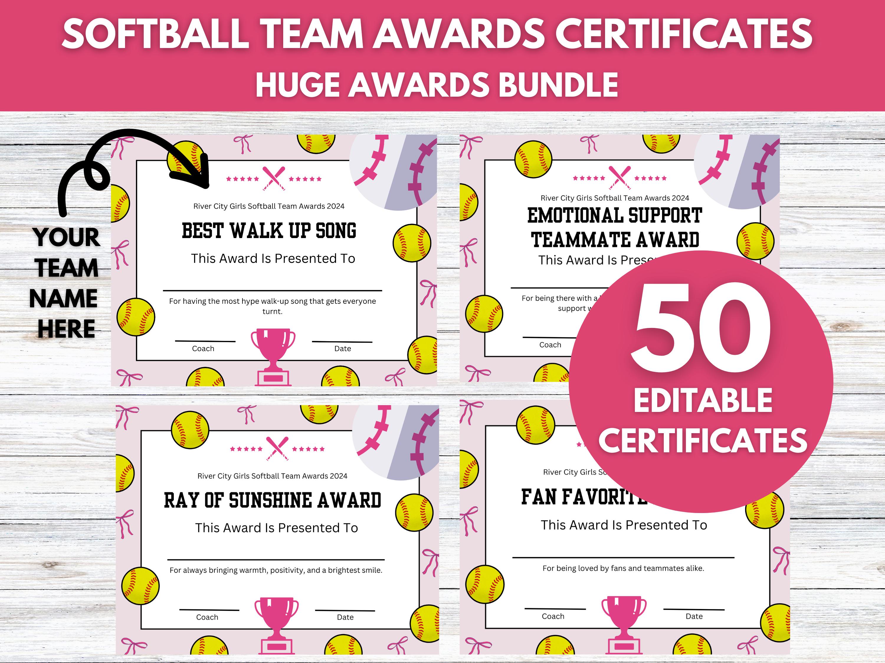 50 Editable Softball Awards Certificates, End of Season Softball ...