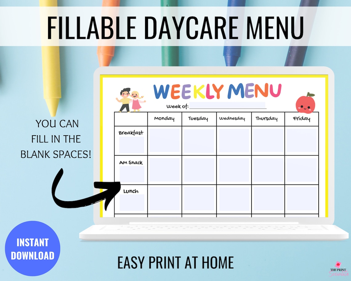 Fillable Weekly Daycare Menu, Editable Home Daycare Meal Planner ...