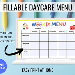 Fillable Weekly Daycare Menu, Editable Home Daycare Meal Planner ...