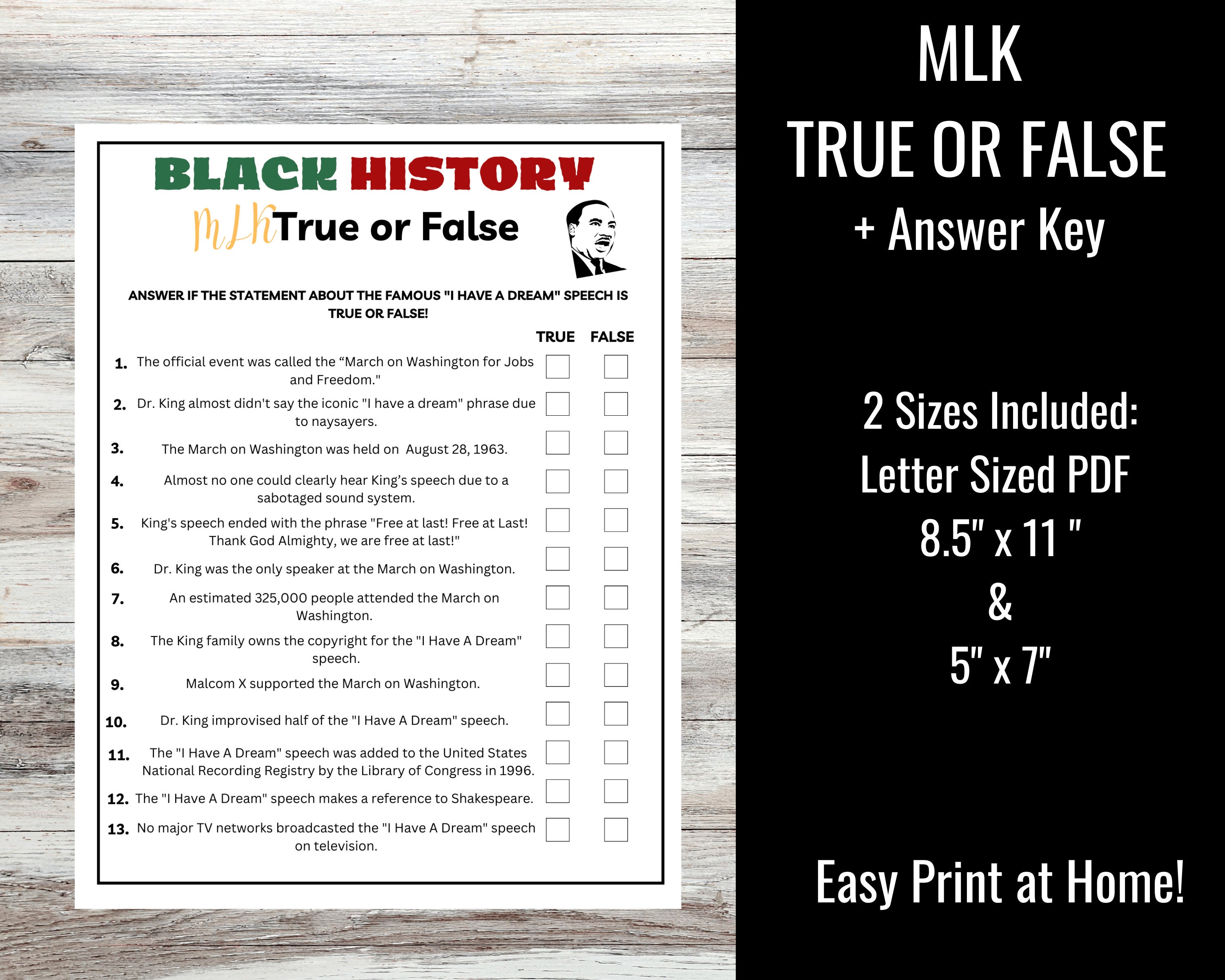 MLK True or False Activity, Black History Trivia, Black History Month ...