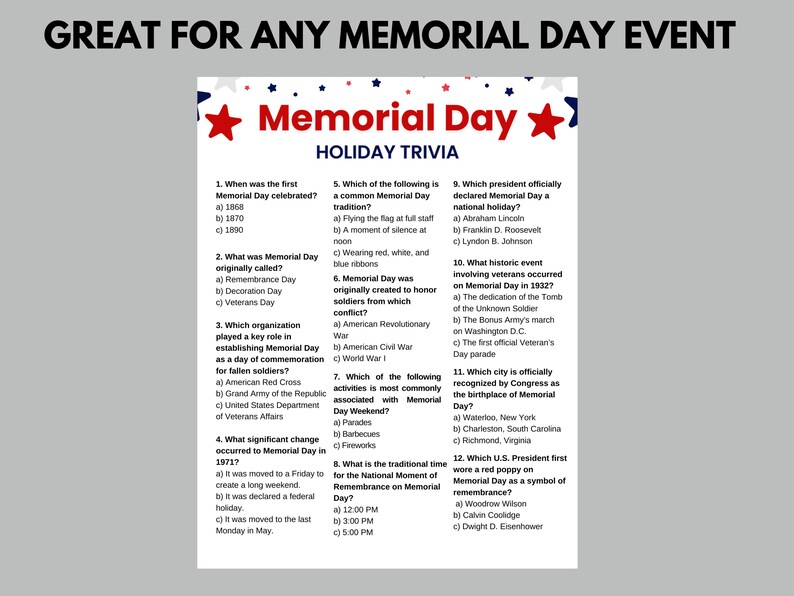 Memorial Day Trivia, Memorial Day Party Games, America Trivia, BBQ ...