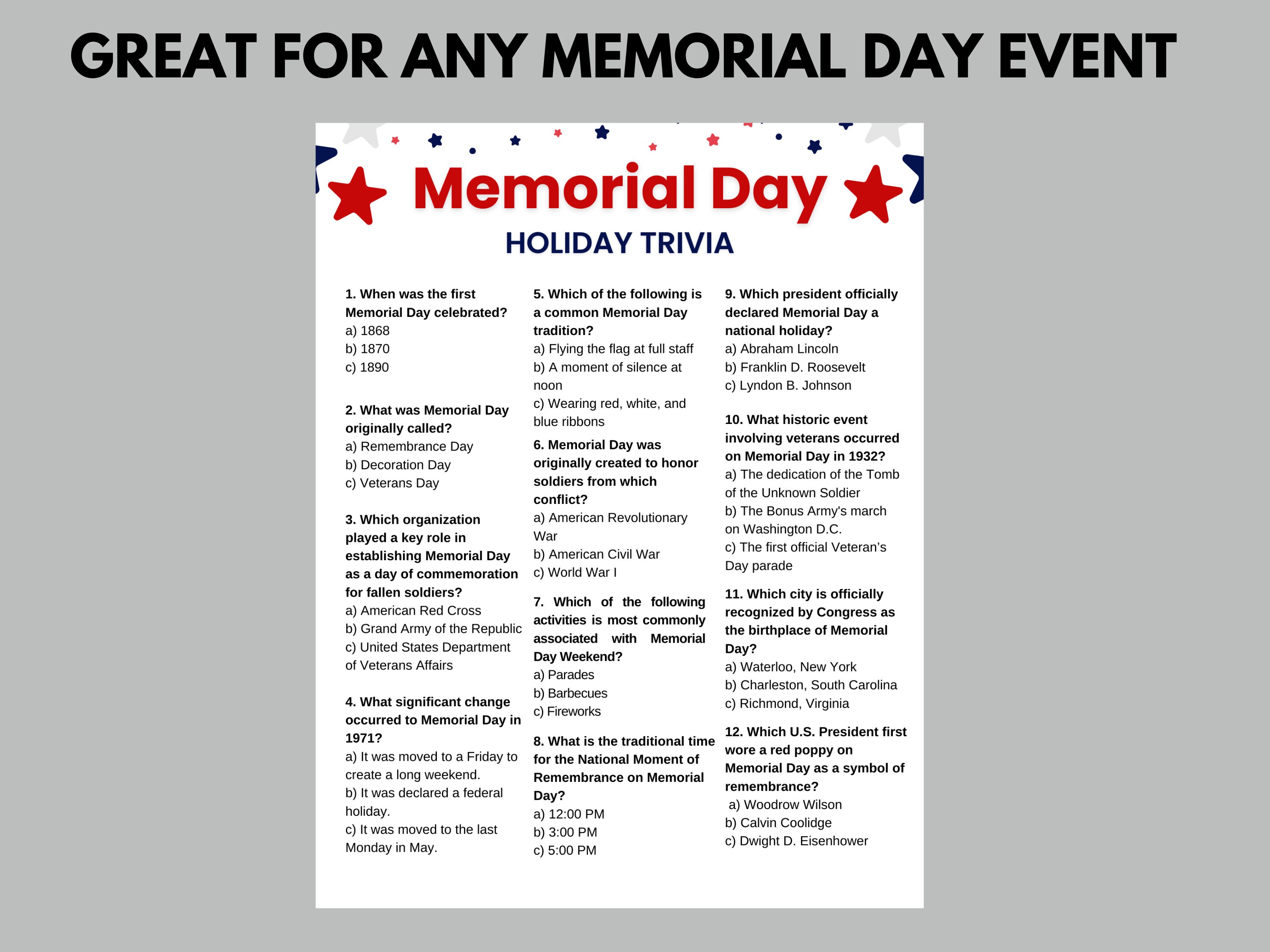 Memorial Day Trivia, Memorial Day Party Games, America Trivia, BBQ ...