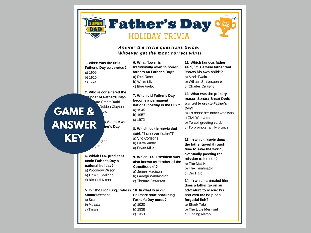 Father's Day Trivia, Father's Day Activity for Kids, Family, Dad ...