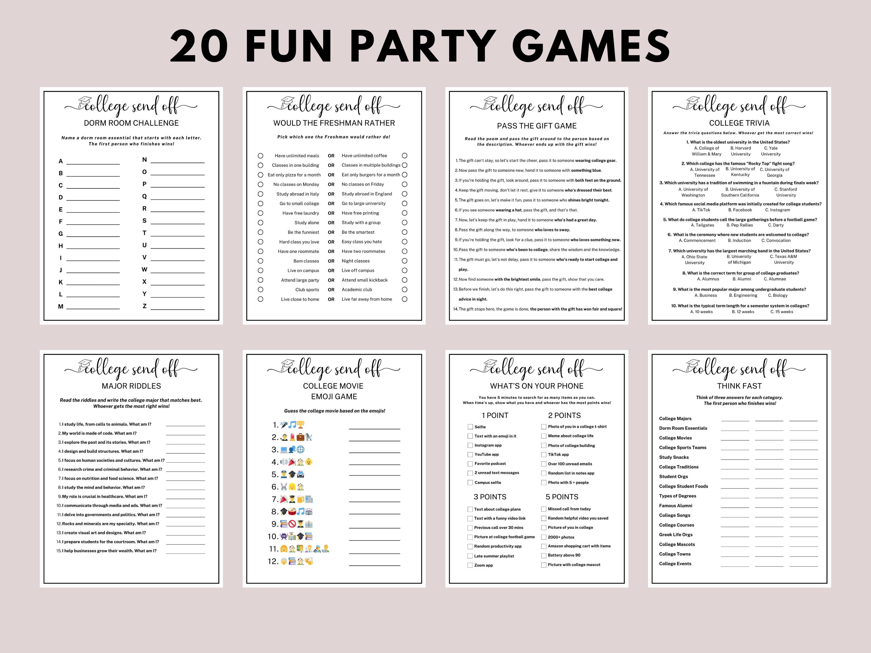 20 College Trunk Party Games, Game Bundle, Going Away College Sign ...