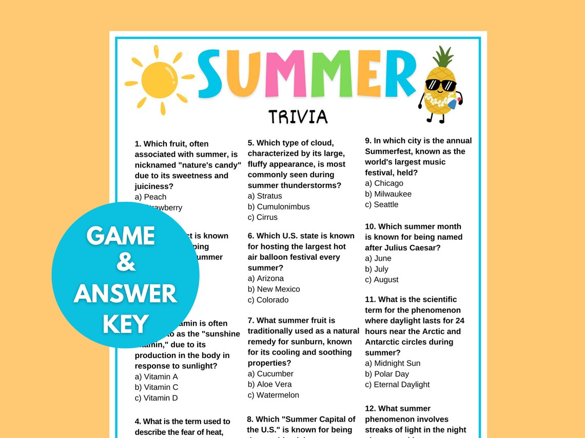Summer Trivia, Summer Trivia Quiz, Printable Summer Games, Summer Party ...