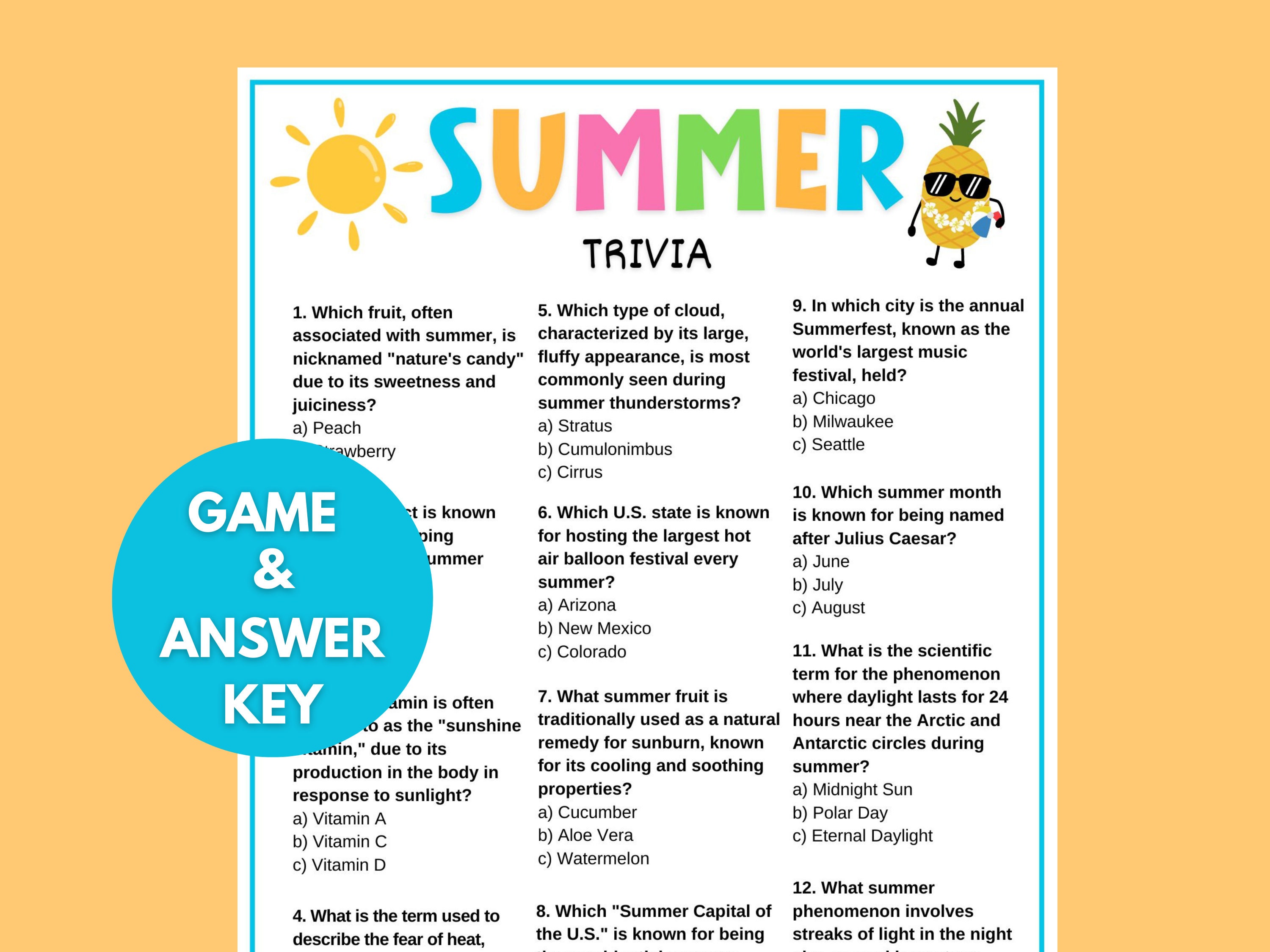 Summer Trivia, Summer Trivia Quiz, Printable Summer Games, Summer Party ...