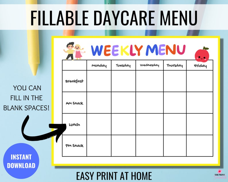 Fillable Weekly Daycare Menu, Editable Home Daycare Meal Planner ...