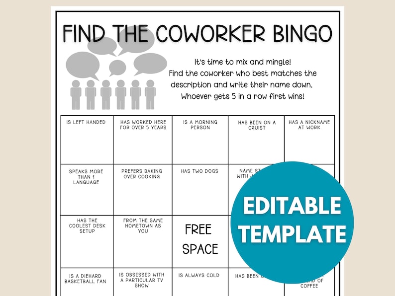 Find the Coworker Bingo, Editable Template, Coworker Bingo, Work Bingo ...