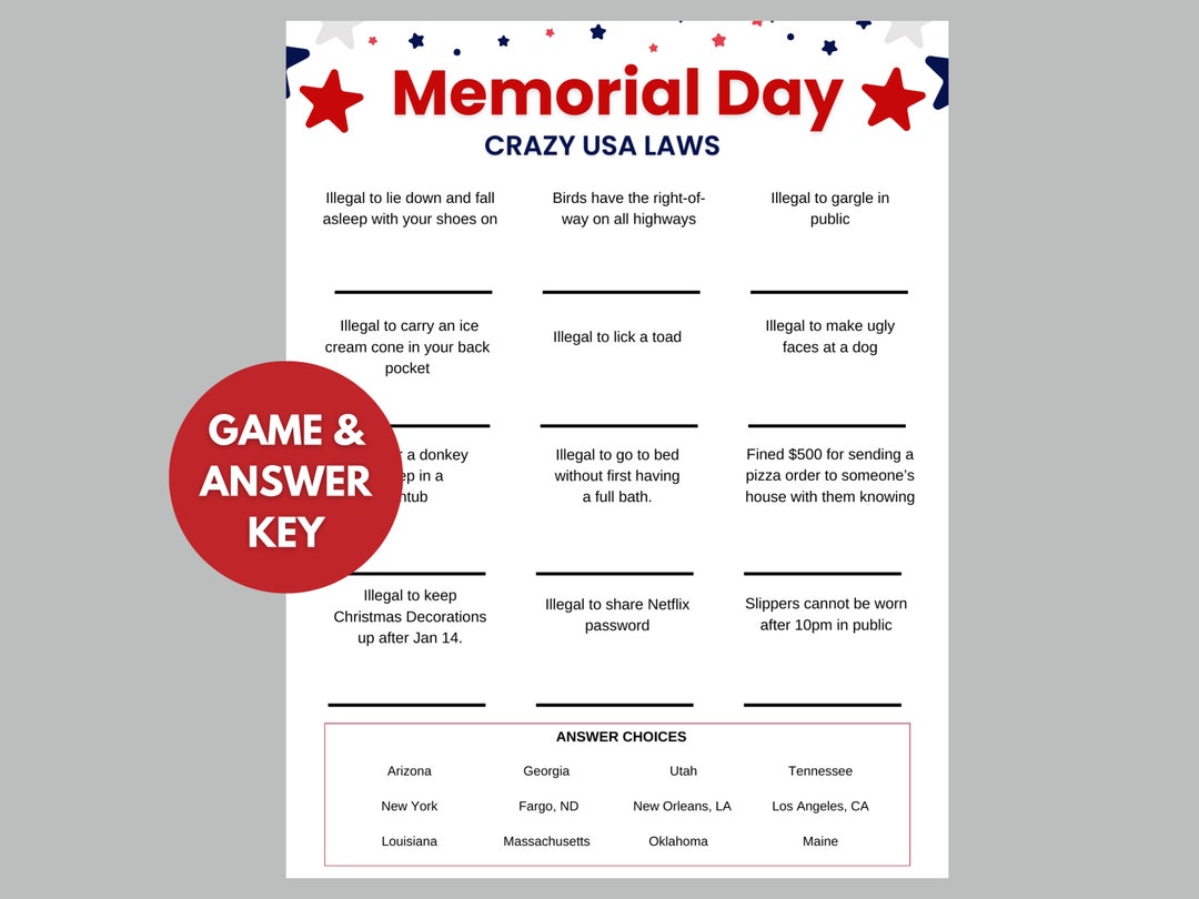 Crazy USA Laws Game, Memorial Day Party Games, BBQ Cookout Games ...